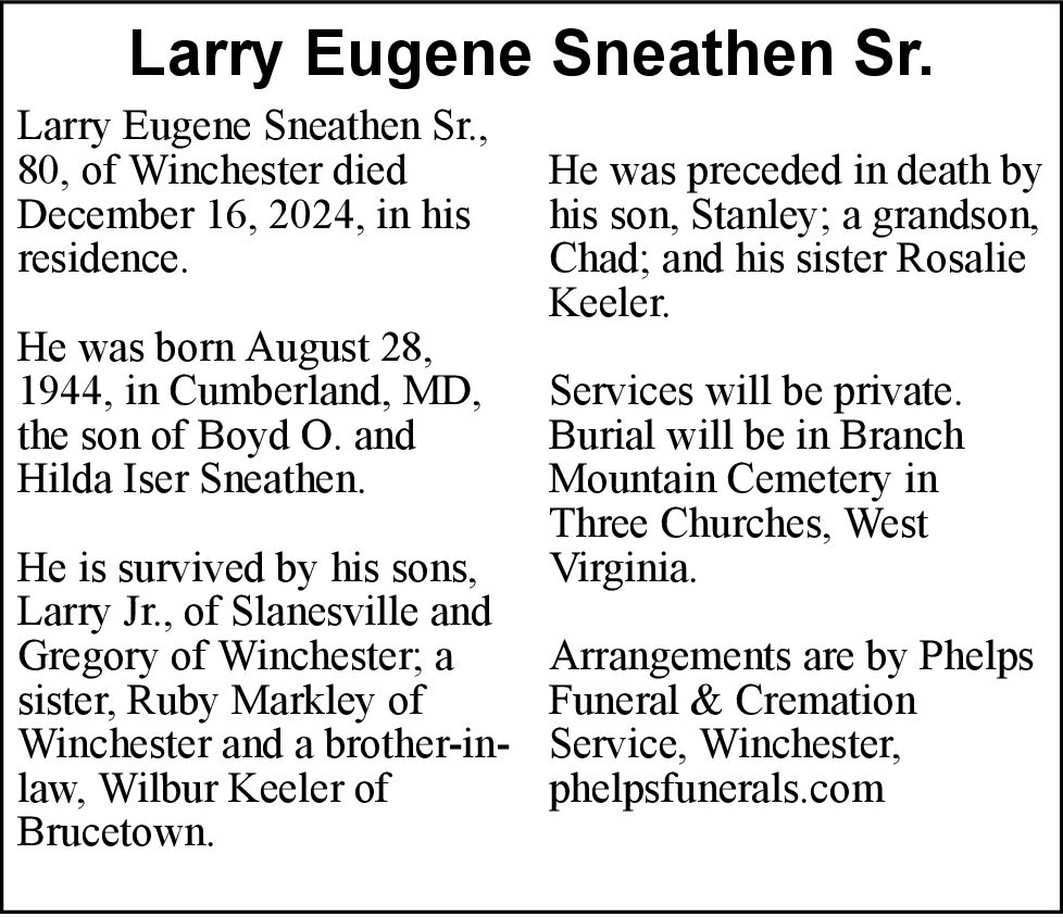 Larry Eugene Sneathen Sr. | Obituaries | winchesterstar.com