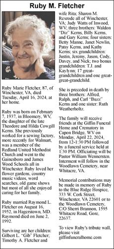Ruby M. Fletcher | Obituaries | winchesterstar.com