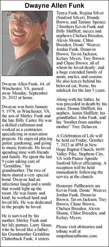 Dwayne Allen Funk | Obituaries | winchesterstar.com