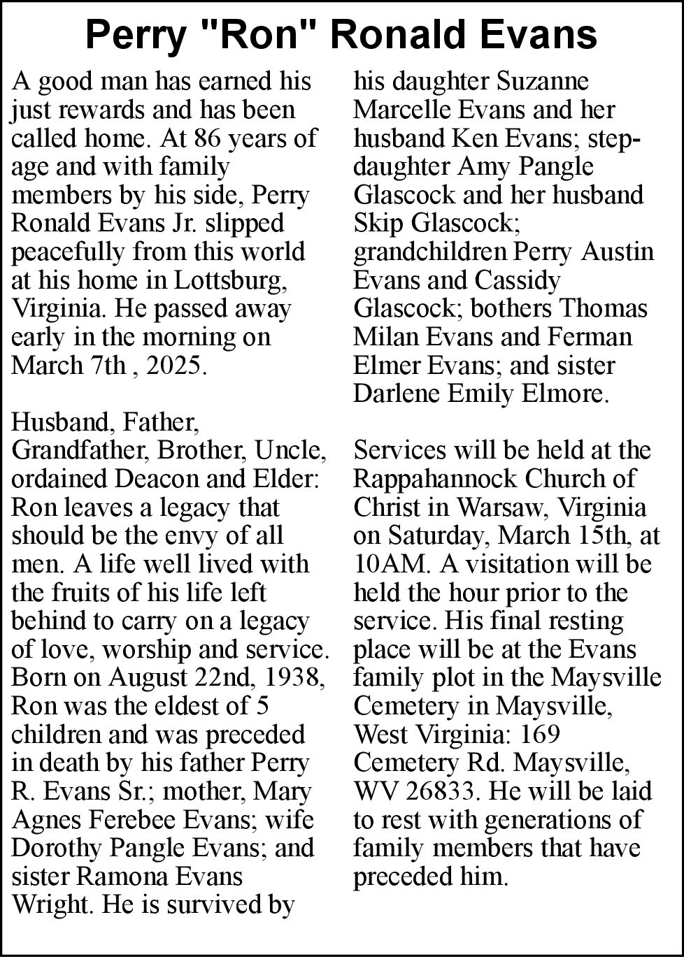 Perry "Ron" Ronald Evans | Obituaries | winchesterstar.com