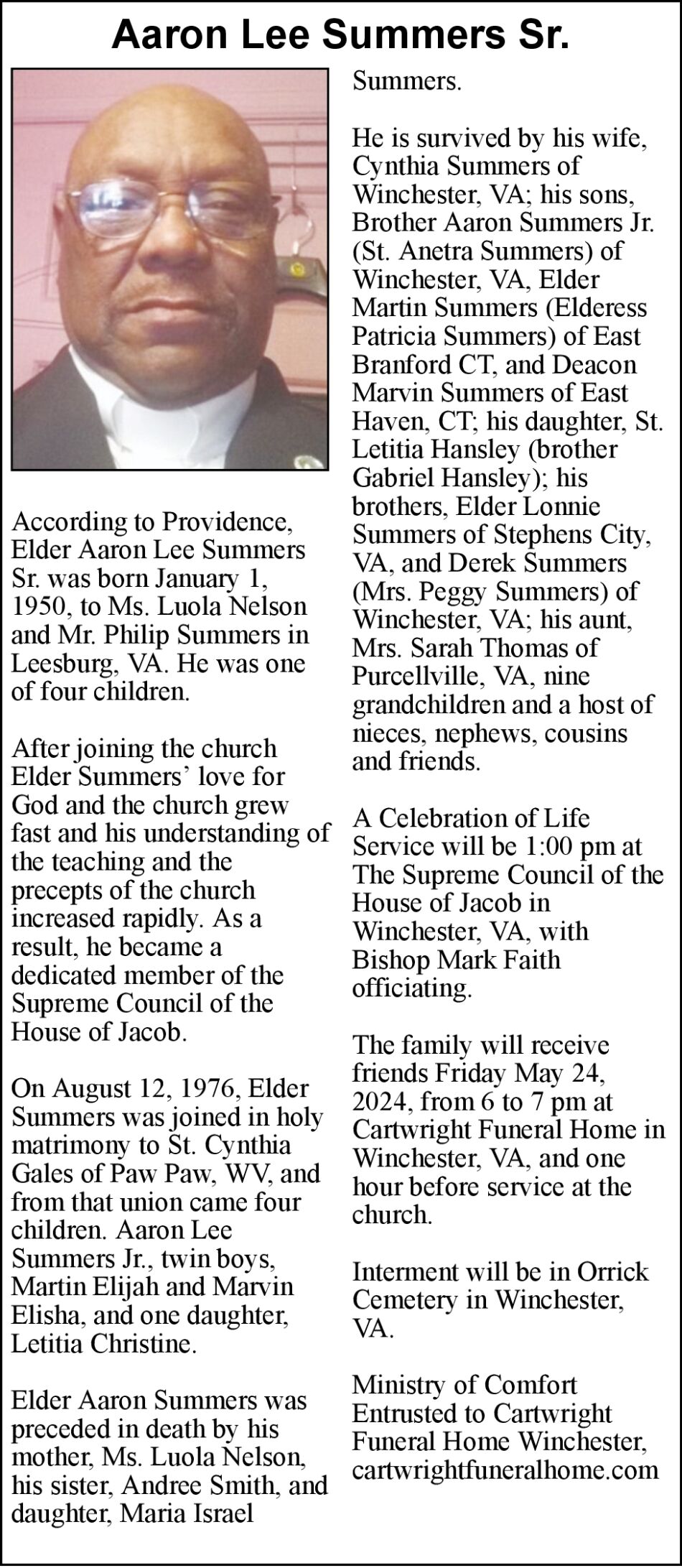 Aaron Lee Summers Sr. | Obituaries | winchesterstar.com
