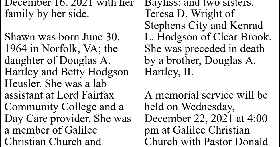 Shawn E. Hartley | Obituaries | winchesterstar.com