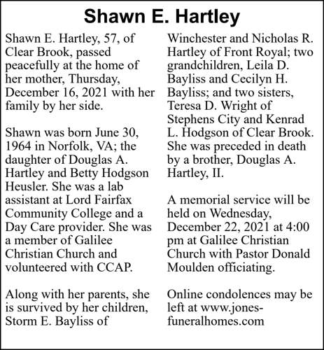 Shawn E. Hartley | Obituaries | winchesterstar.com