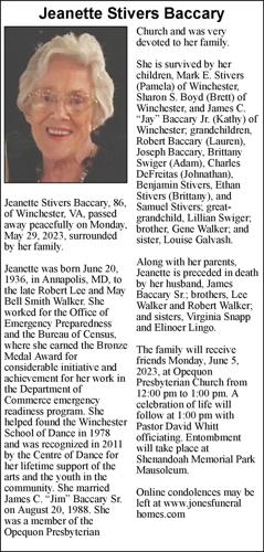 Jeanette Stivers Baccary | Obituaries | winchesterstar.com