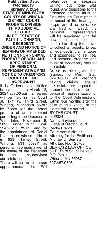 Probate; Johnson | Public Notices | winonapost.com