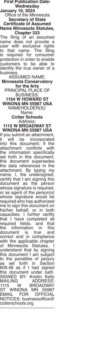 DBA/Assumed Name; Minnesota Conservatory for the Arts | Public Notices ...
