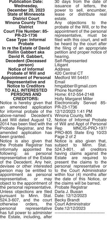 Probate; Gabbert | Public Notices | winonapost.com
