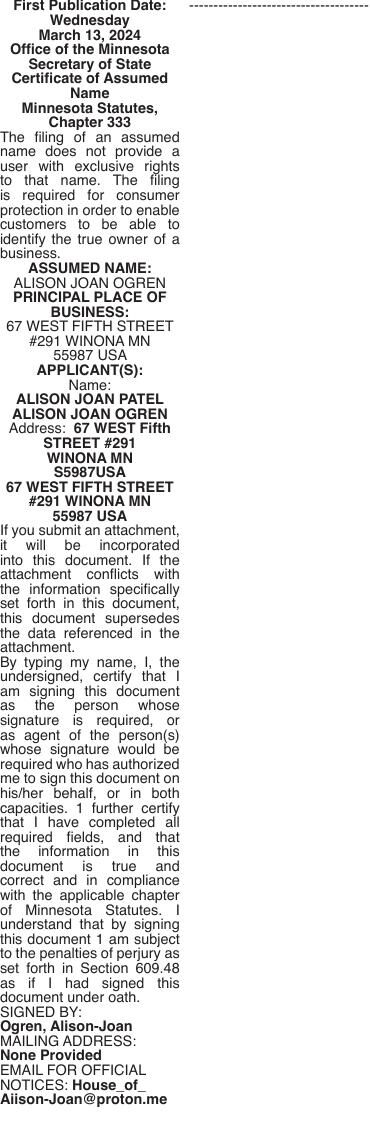 DBA/Assumed Name; Alison Joan Ogren | Public Notices | winonapost.com