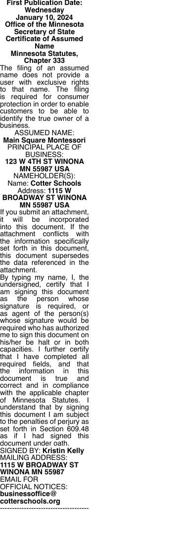 DBA/Assumed Name; Main Square Montessori | Public Notices | winonapost.com