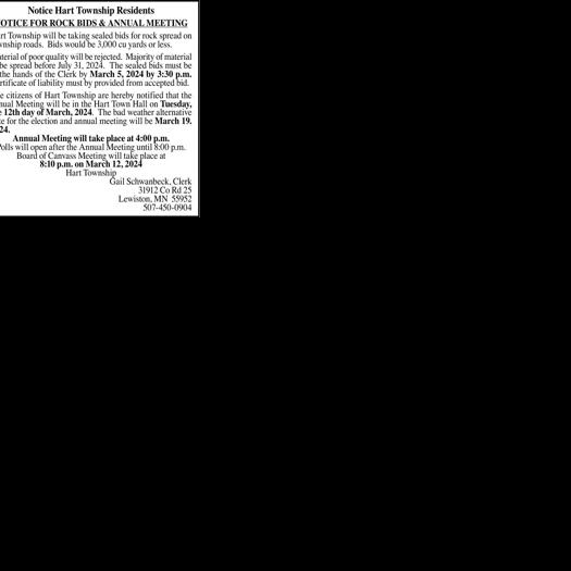 Hart Township; Annual Meeting/Bids | Public Notices | winonapost.com