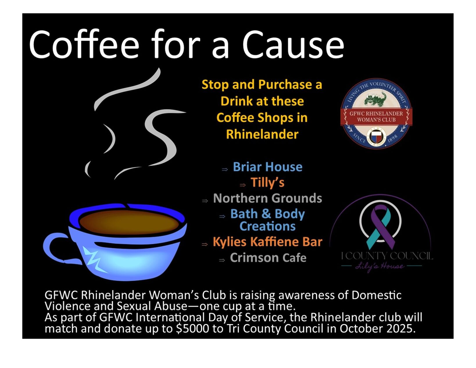 Rhinelander Woman's Club partners with local coffee shops to raise awareness for domestic ...