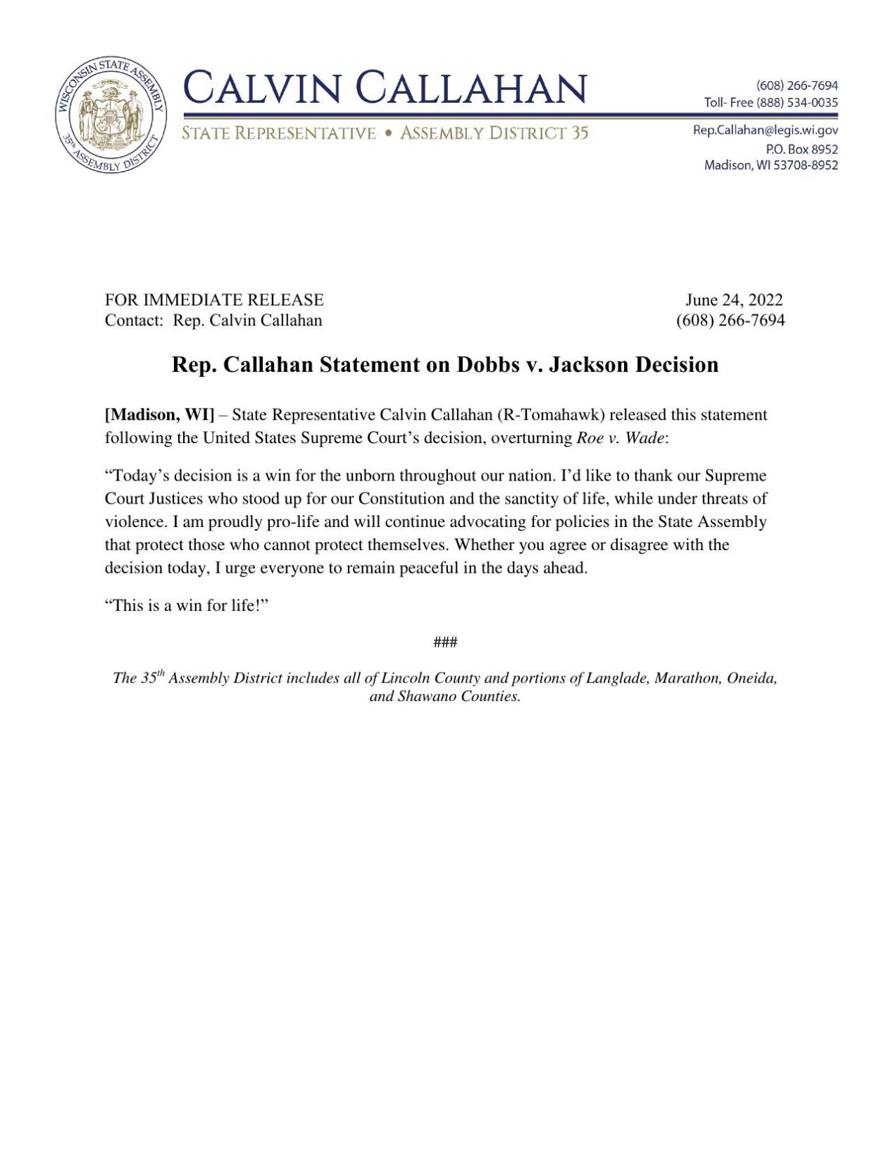 Representative Calvin Callahan Statement | | wjfw.com