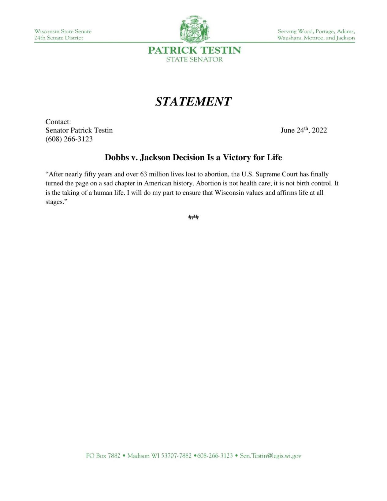 State Senator Patrick Testin Statement | | wjfw.com