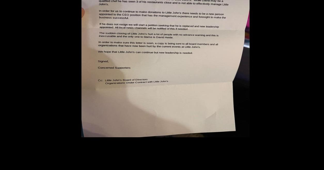 Letter calls for Little John's Chef Heide to resign days after ...