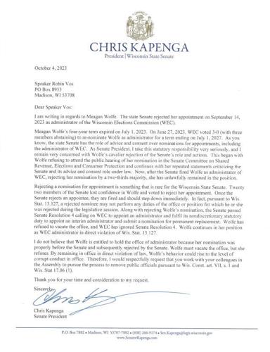 Senate President Kapenga urges Assembly Speaker Vos to pursue ...
