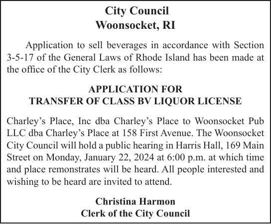 APPLICATION FOR TRANSFER OF CLASS BV LIQUOR LICENSE | Public Notices ...