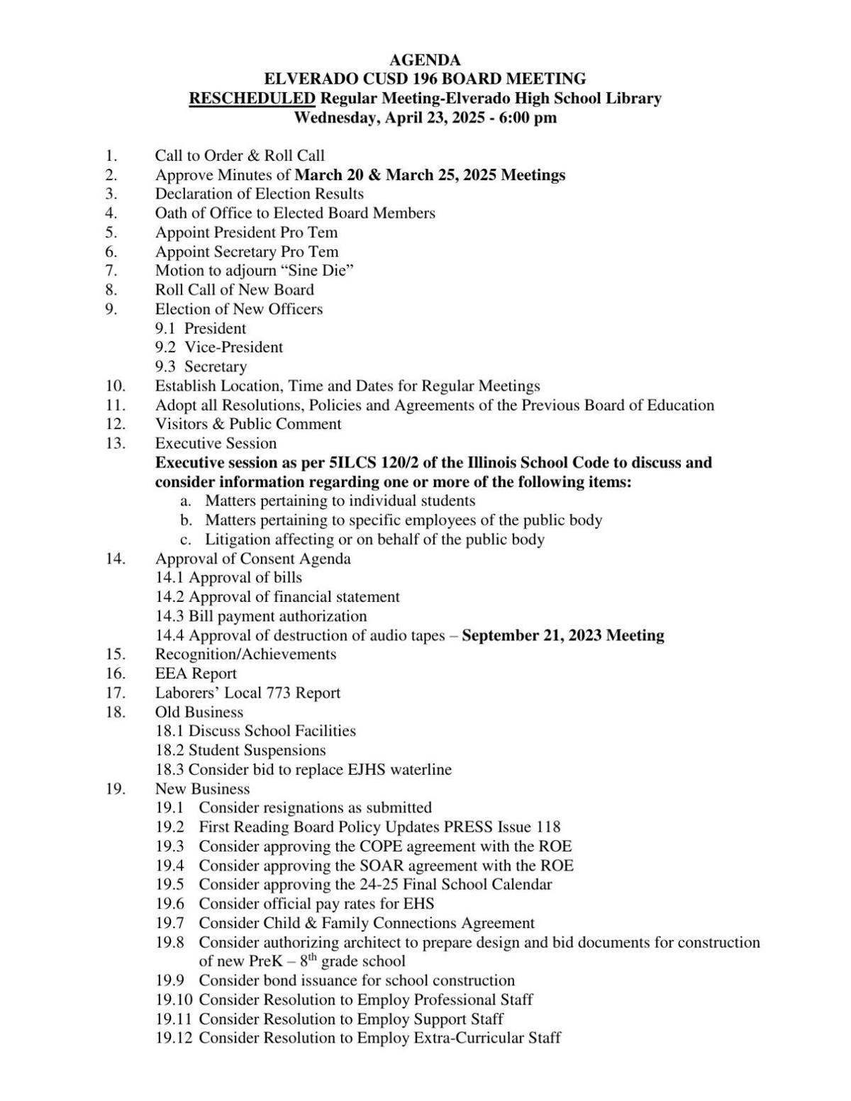 Elverado CUSD 196 board to hold Wednesday meeting | Meeting Agendas ...