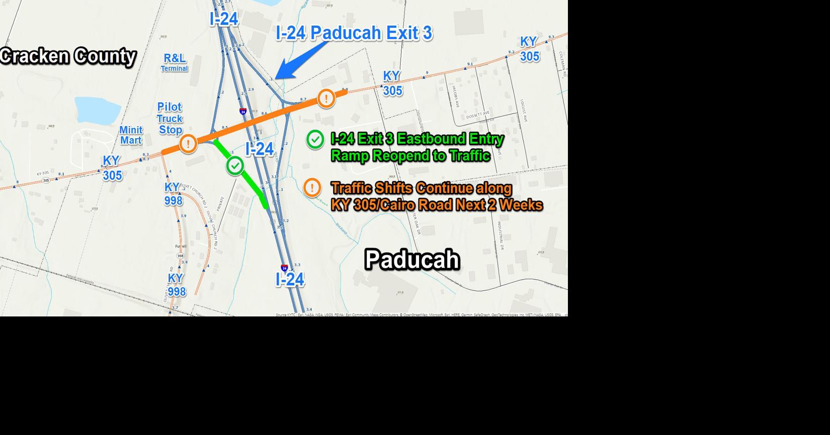 The eastbound exit ramp at the I-24/KY 308 Paducah Exit 3 interchange ...