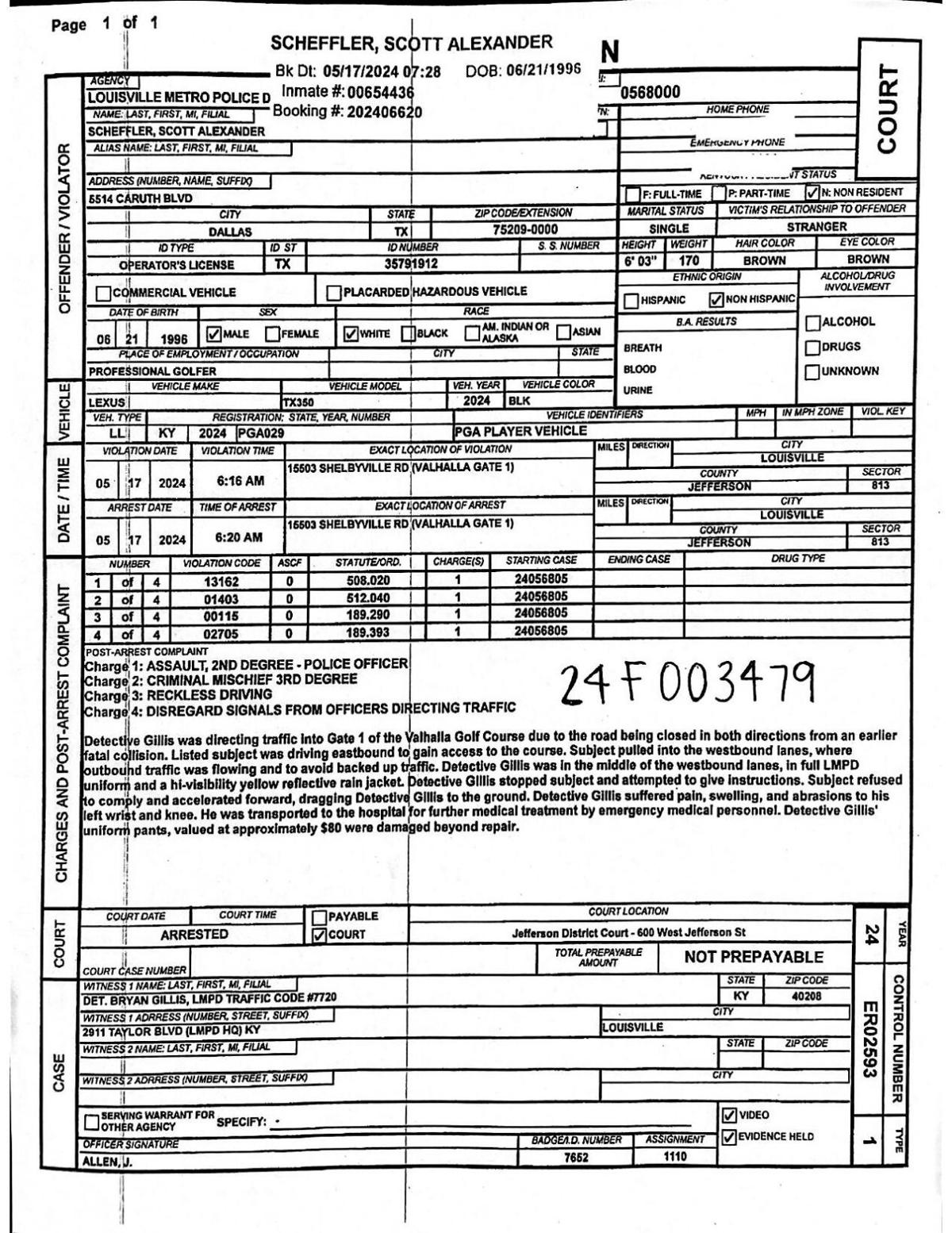 Police report reveals officer suffers injuries leading to Scheffler’s ...