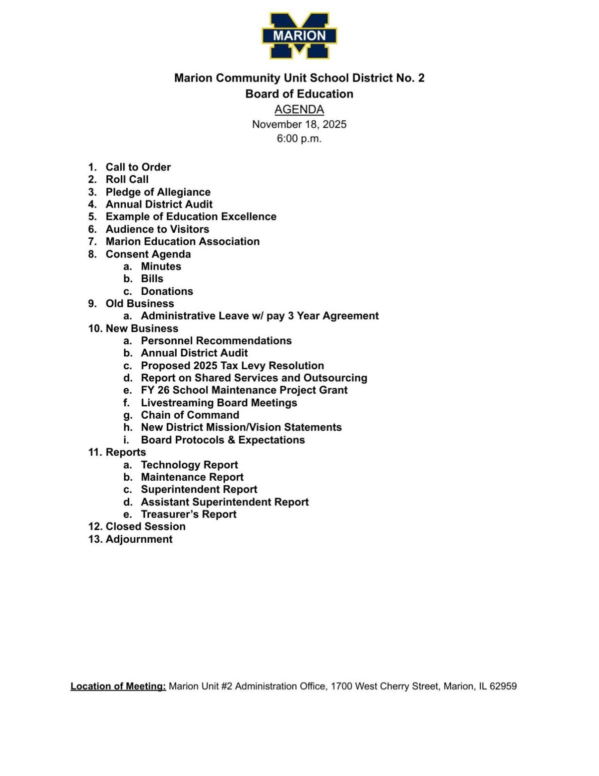 Marion Community Unit School District No. 2 Board of Education to hold Tuesday meeting ...