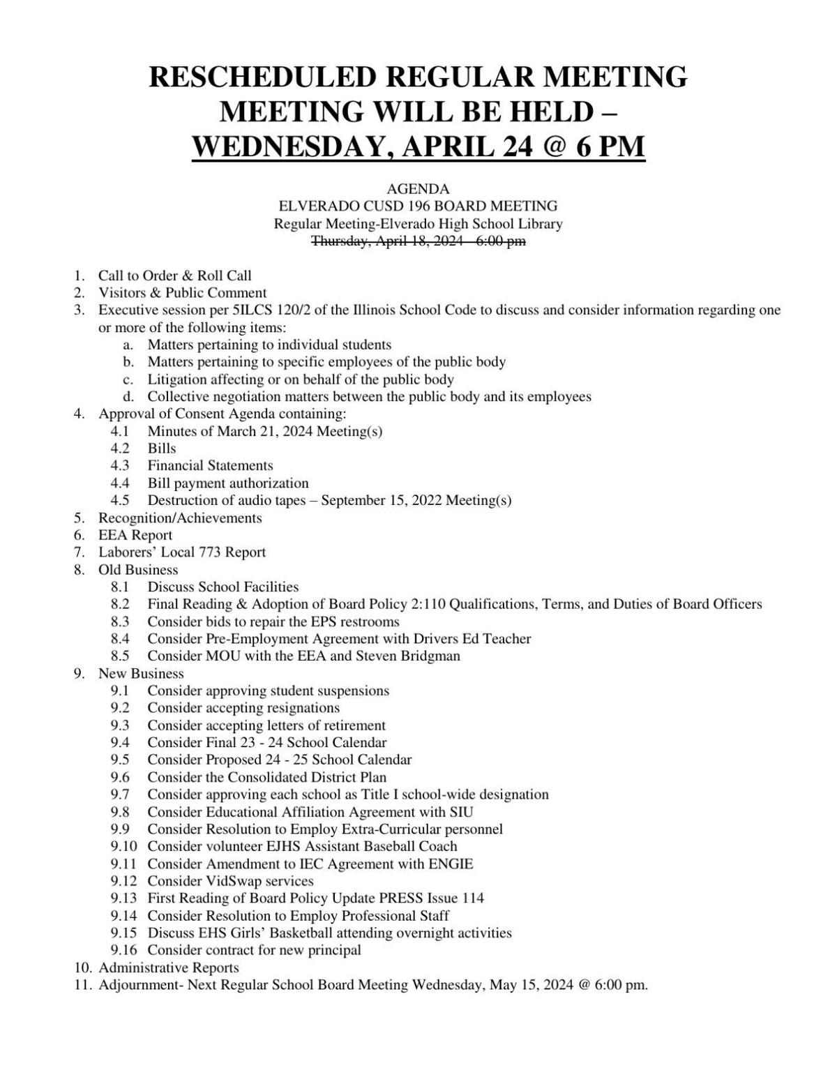 Elverado CUSD 196 Board to hold Thursday meeting | News | WPSD Local 6