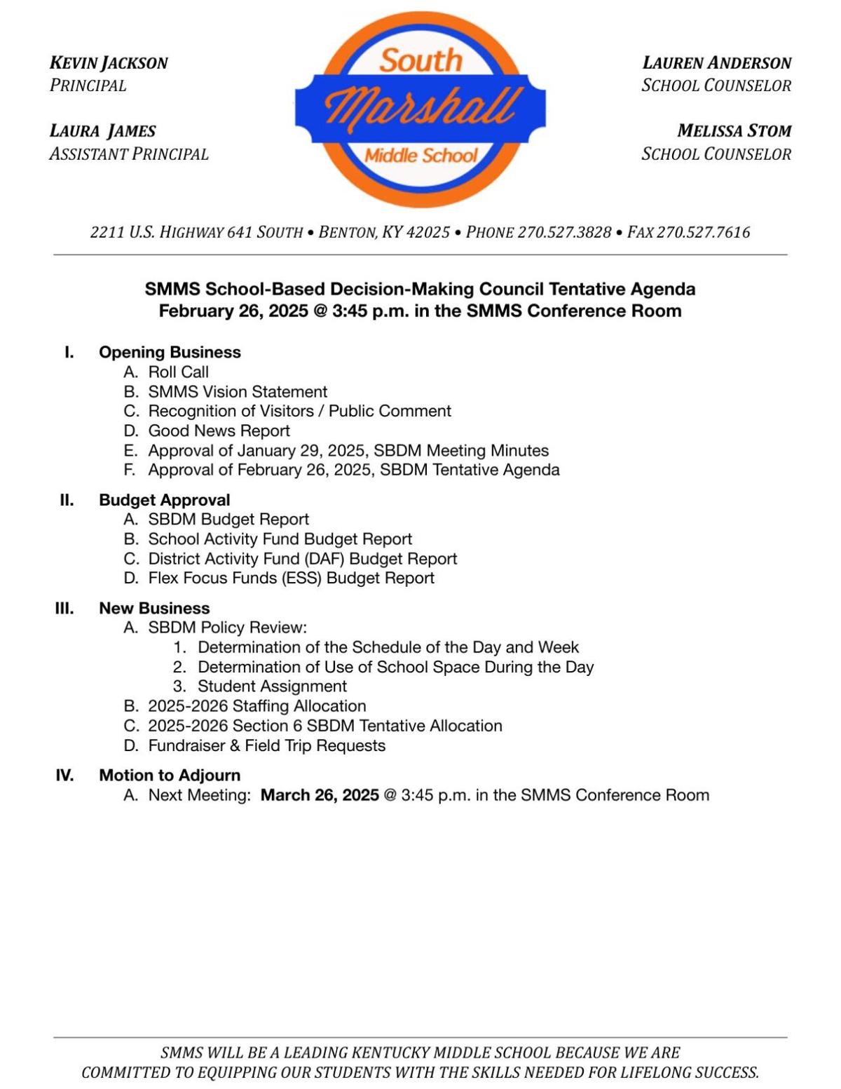South Marshall Middle School SBDM Council to hold Wednesday meeting ...