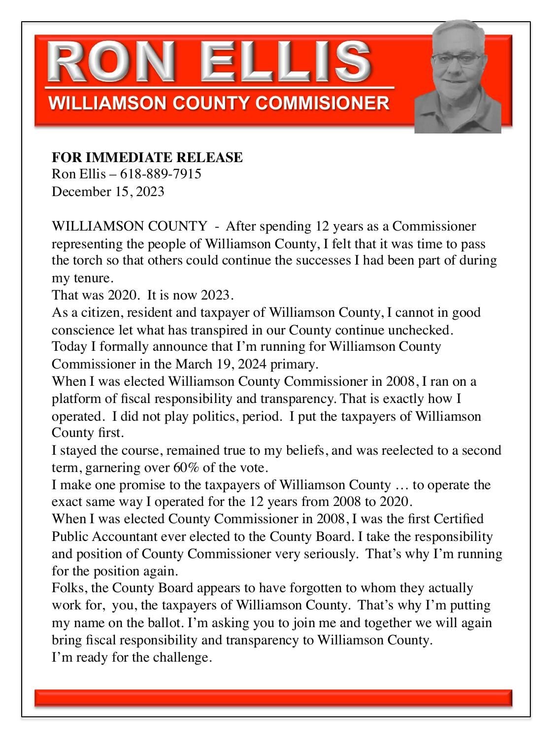 Ron Ellis running for Williamson County Commissioner in 2024 | News ...