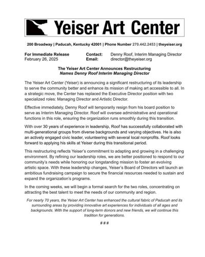 Yeiser Art Center announces restructure, names interim managing ...