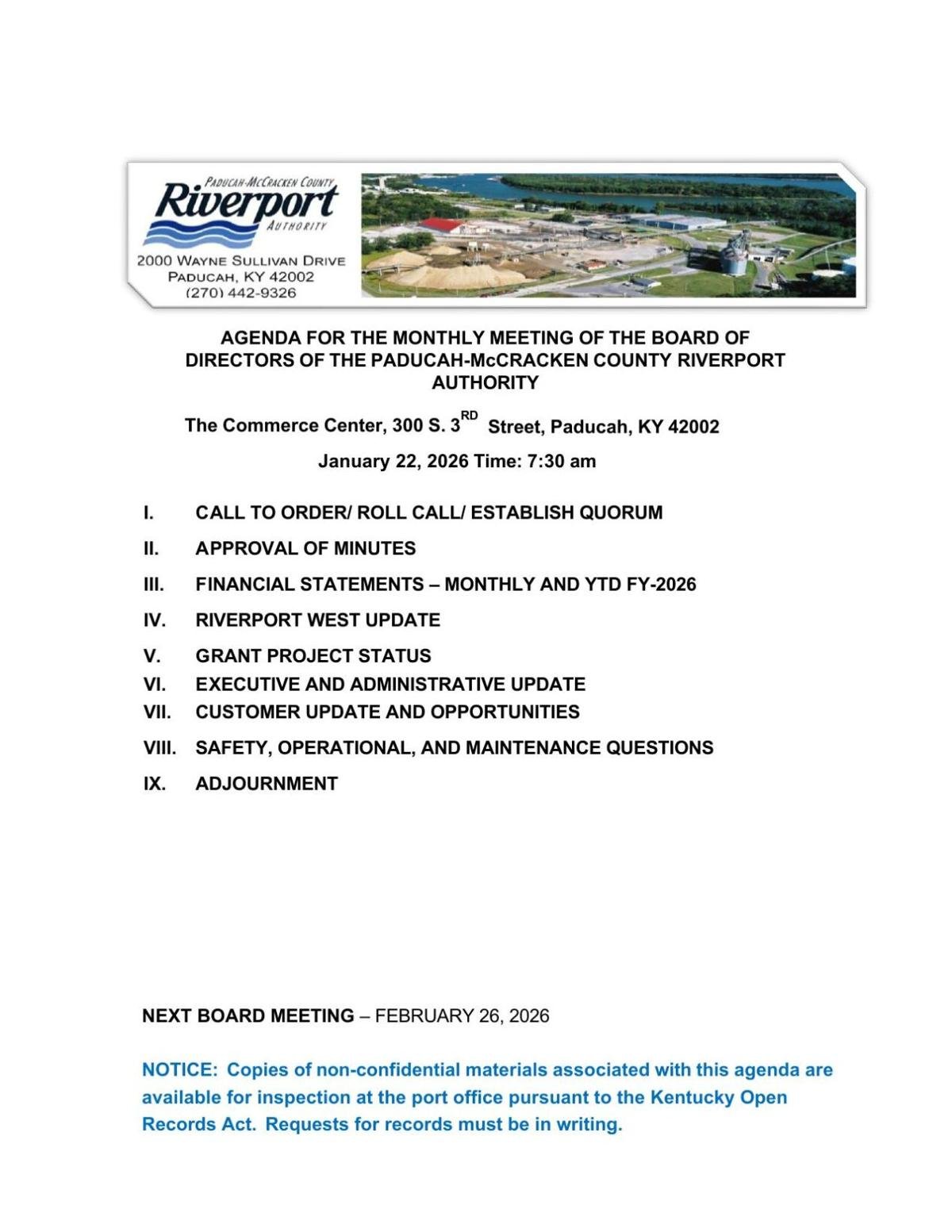Paducah-McCracken County Riverport Authority Board of Directors to hold Thursday meeting ...