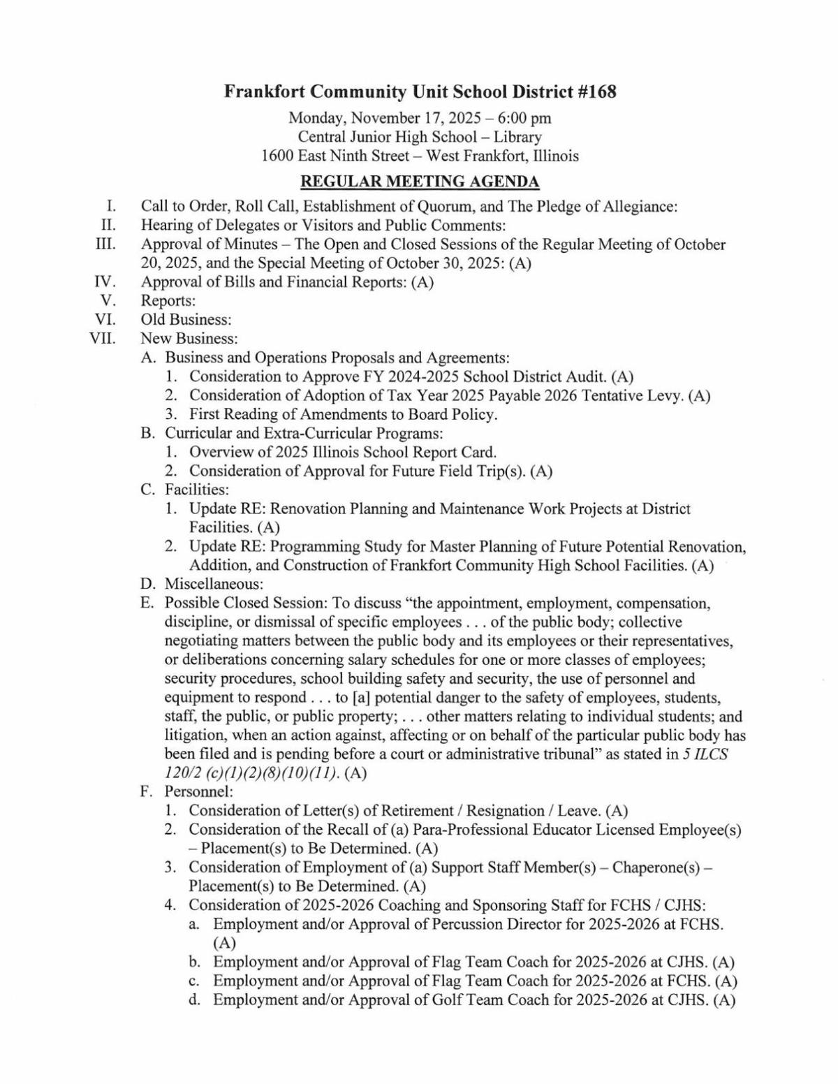 Frankfort Community Unity School District #168 to hold Monday meeting ...