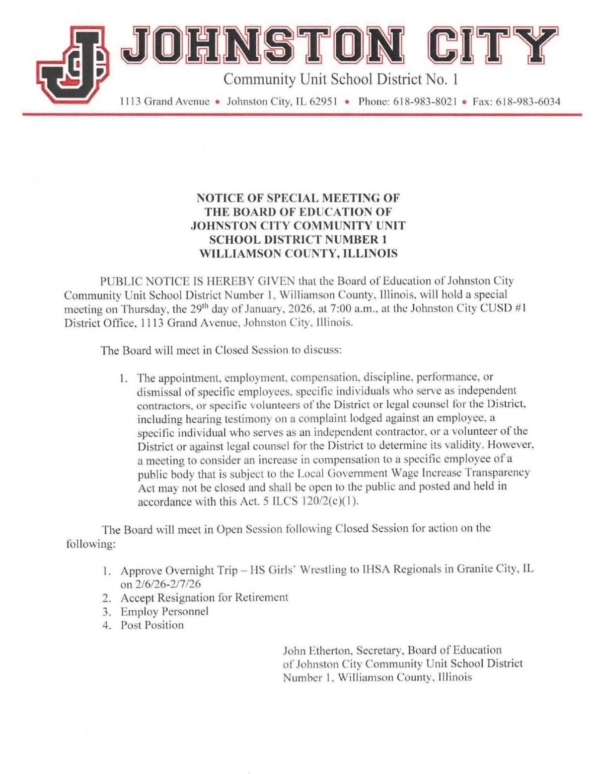 Johnston City CUSD #1 Board of Education to hold special Thursday ...