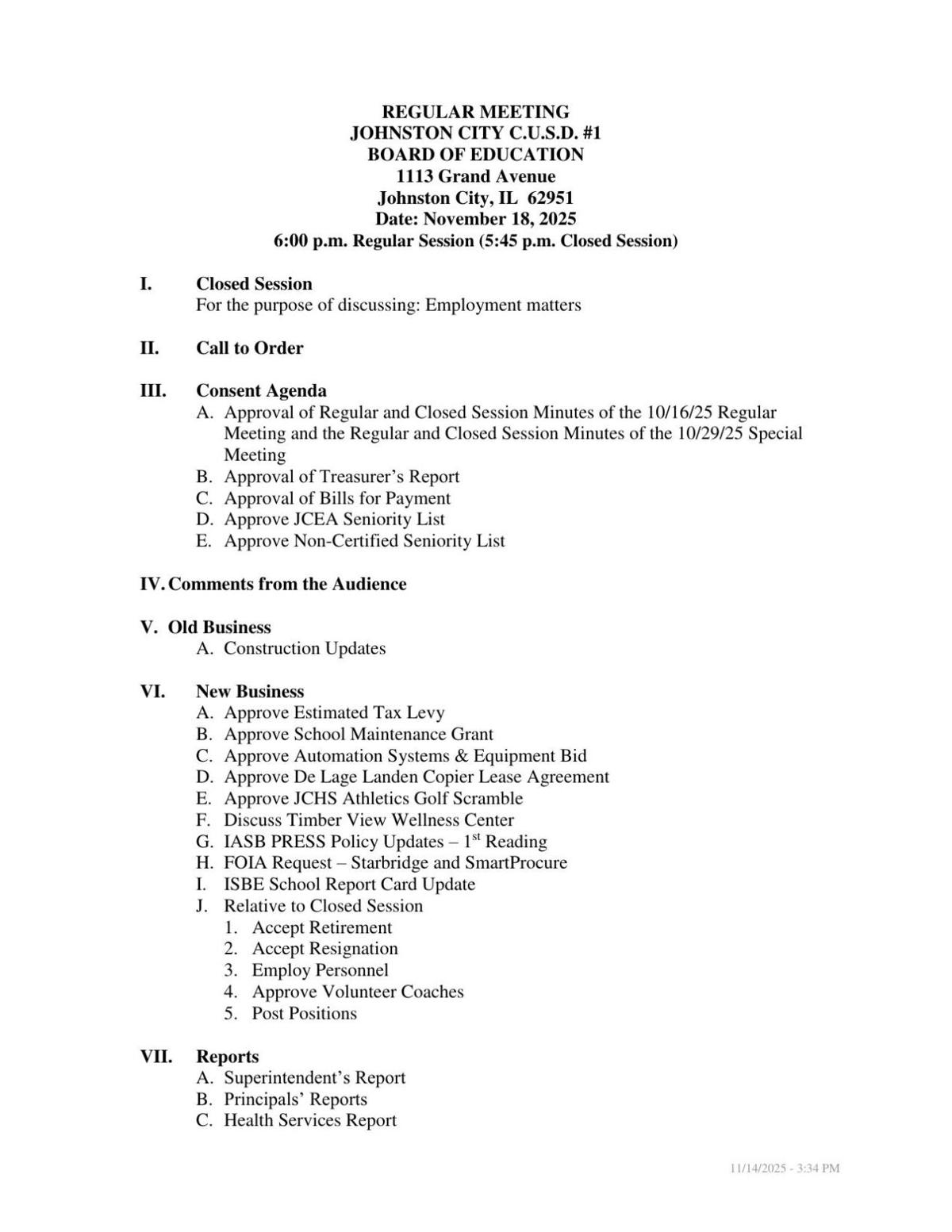 Johnston City CUSD #1 Board of Education to hold Tuesday meeting ...