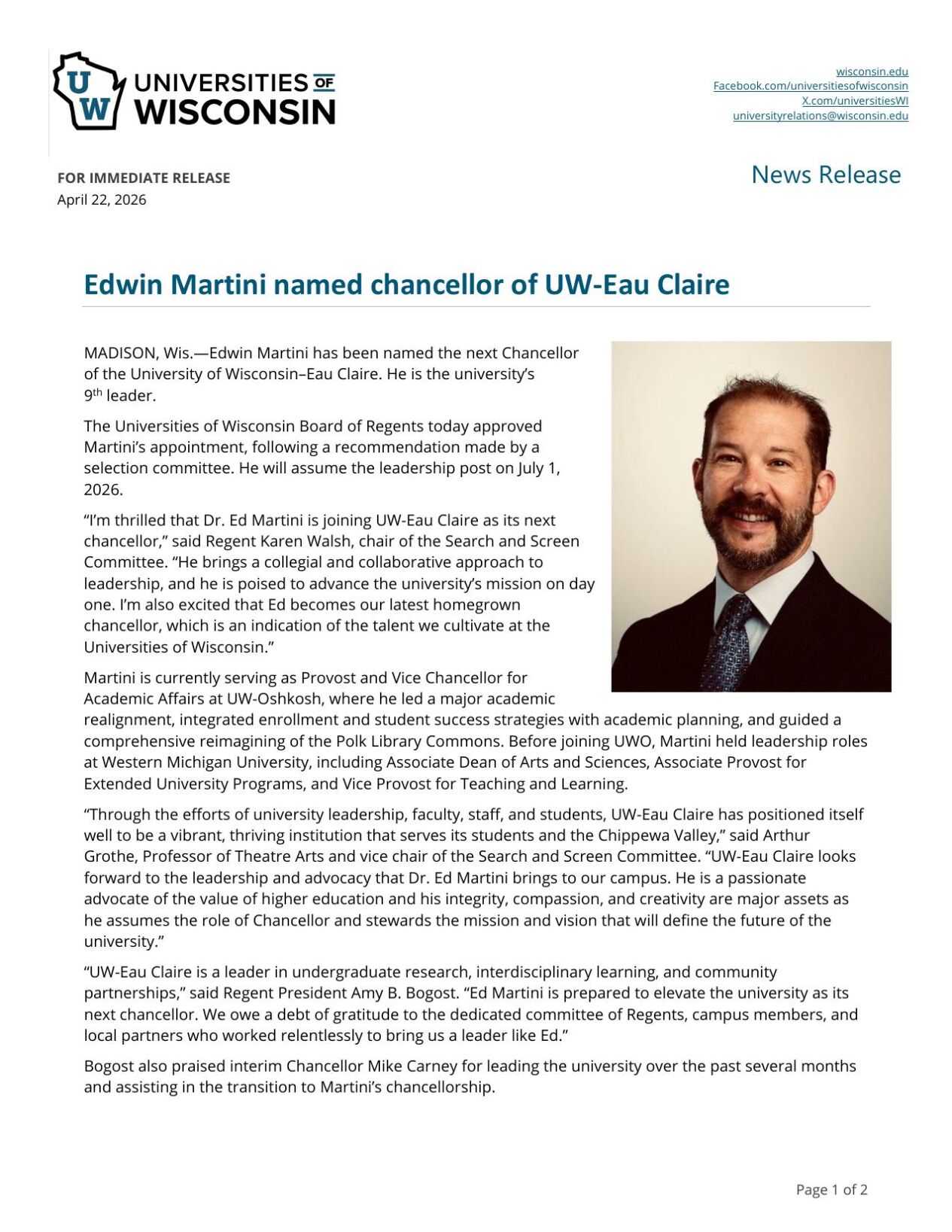 Edwin Martini chosen as next UW-Eau Claire chancellor | Eye On Eau ...