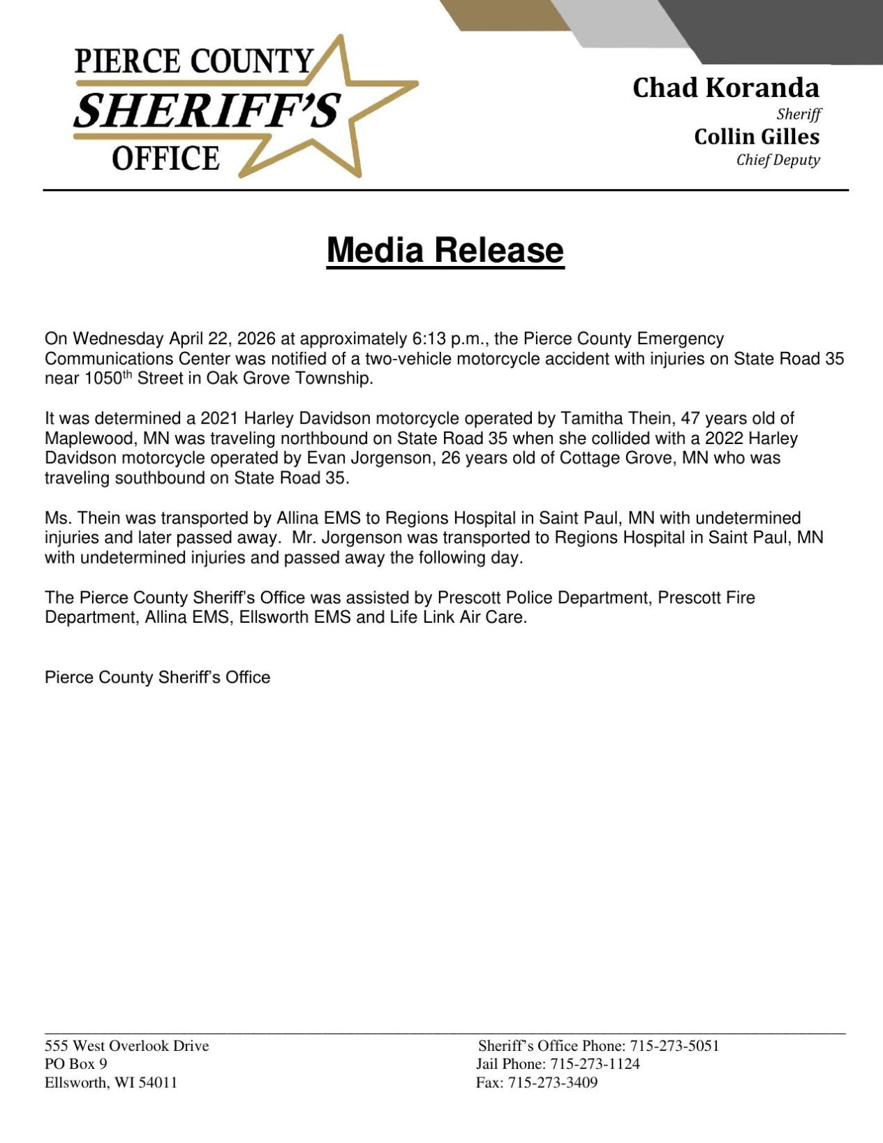 Two people killed in motorcycle crash in Pierce County | News | wqow.com
