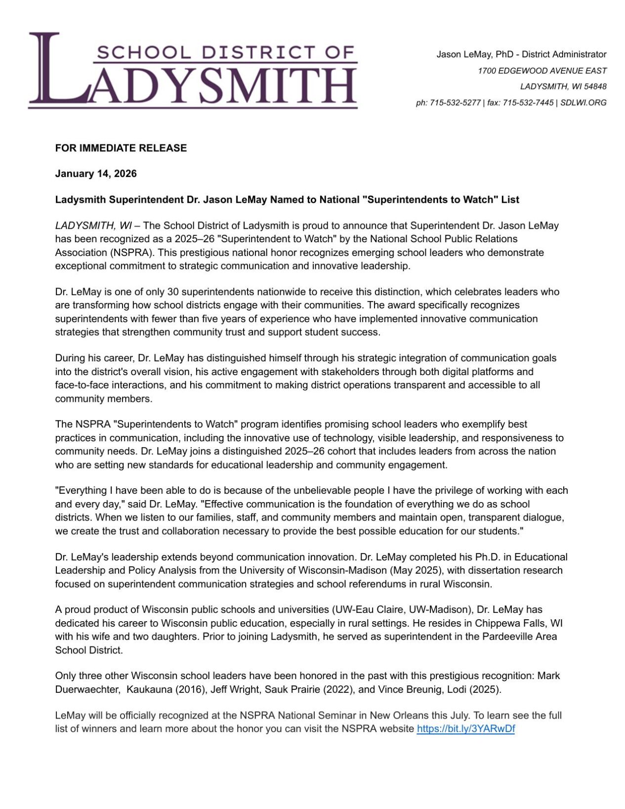 Ladysmith superintendent named to national list of innovative ...