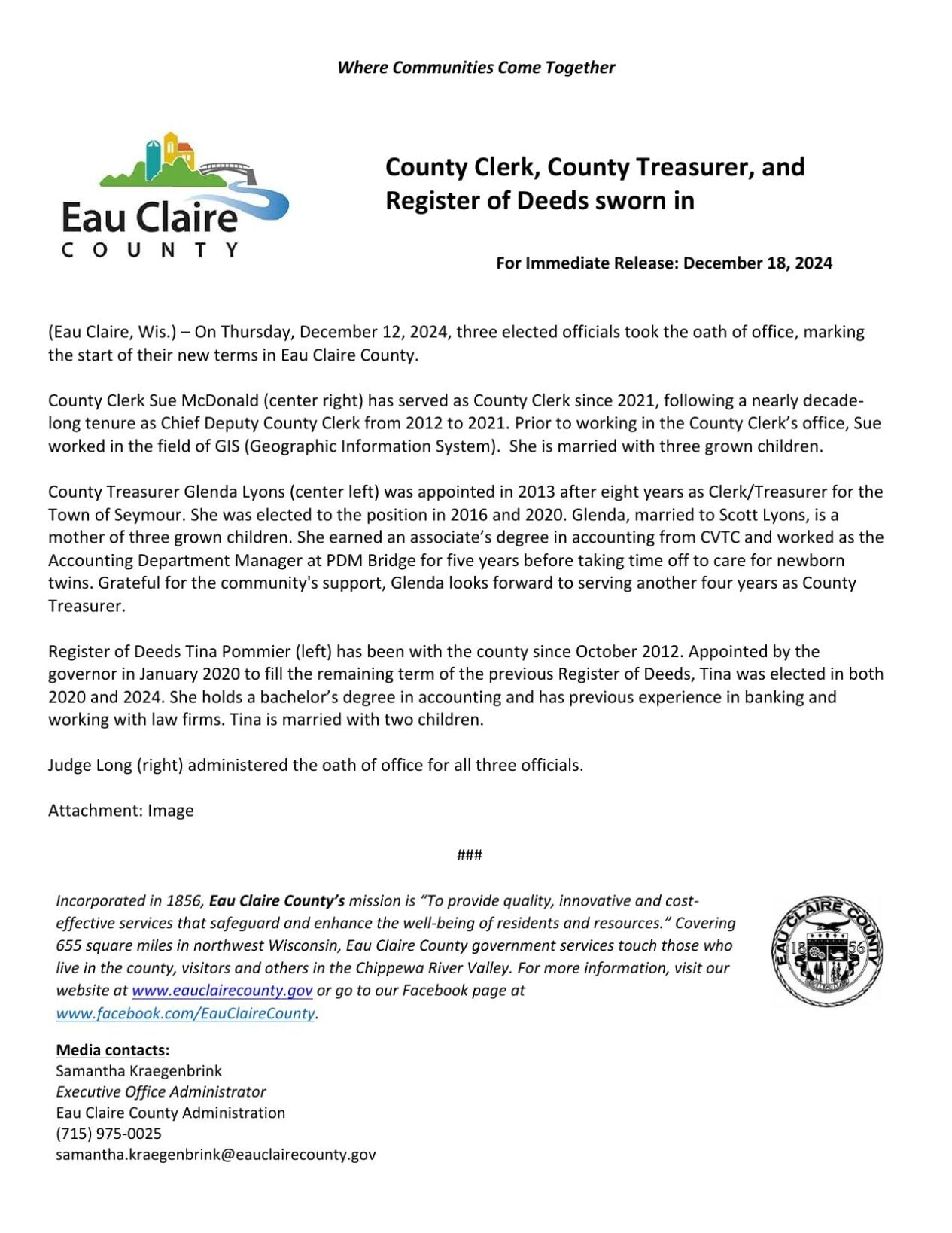 Three Eau Claire County officials sworn in to office | Eye On Eau ...