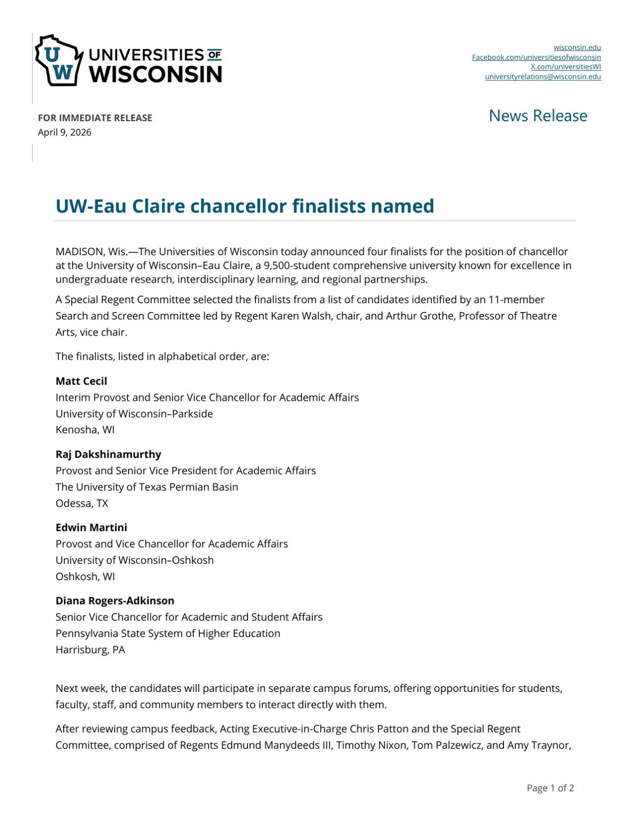 Four finalists named in search for UW-Eau Claire's next chancellor ...