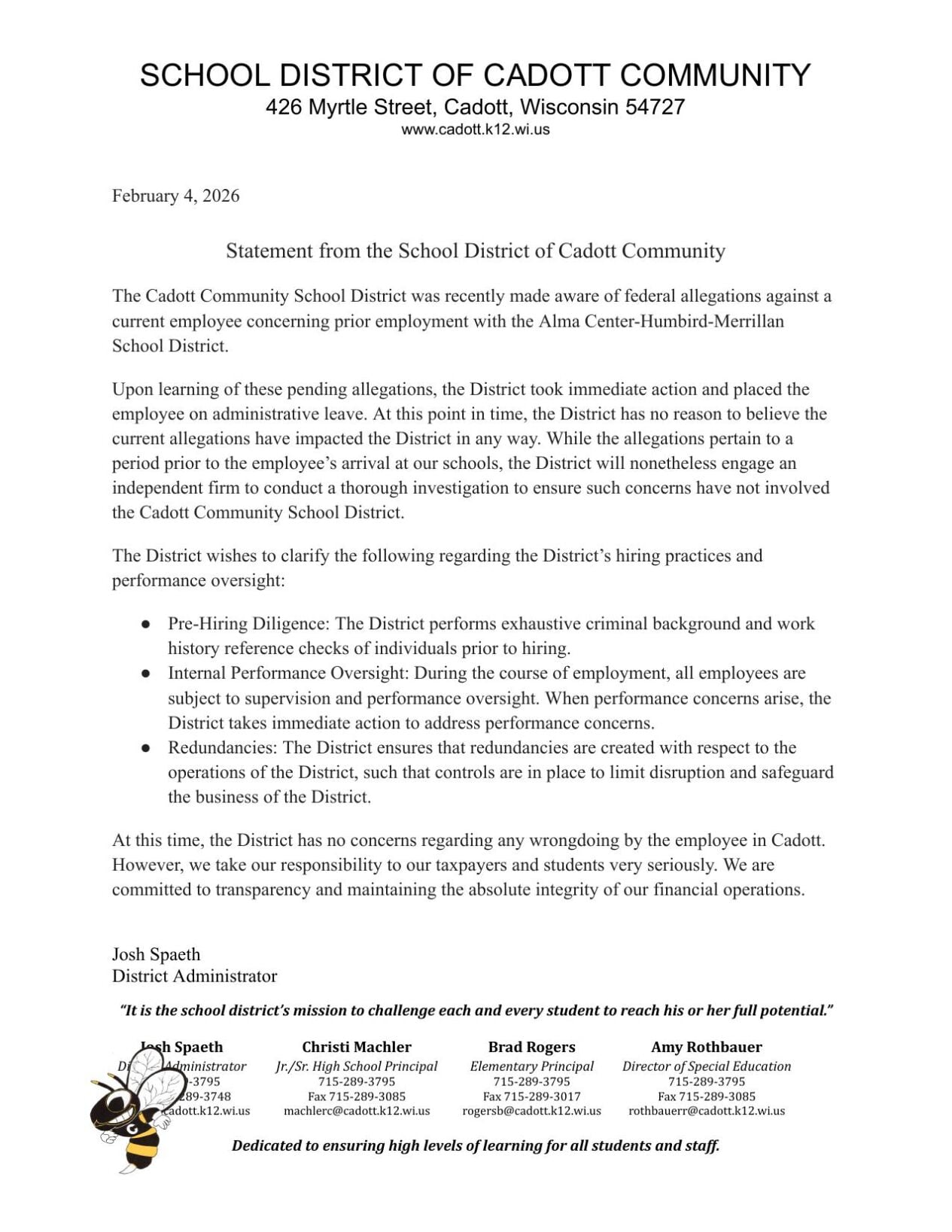 Cadott School District places employee on leave amid federal ...