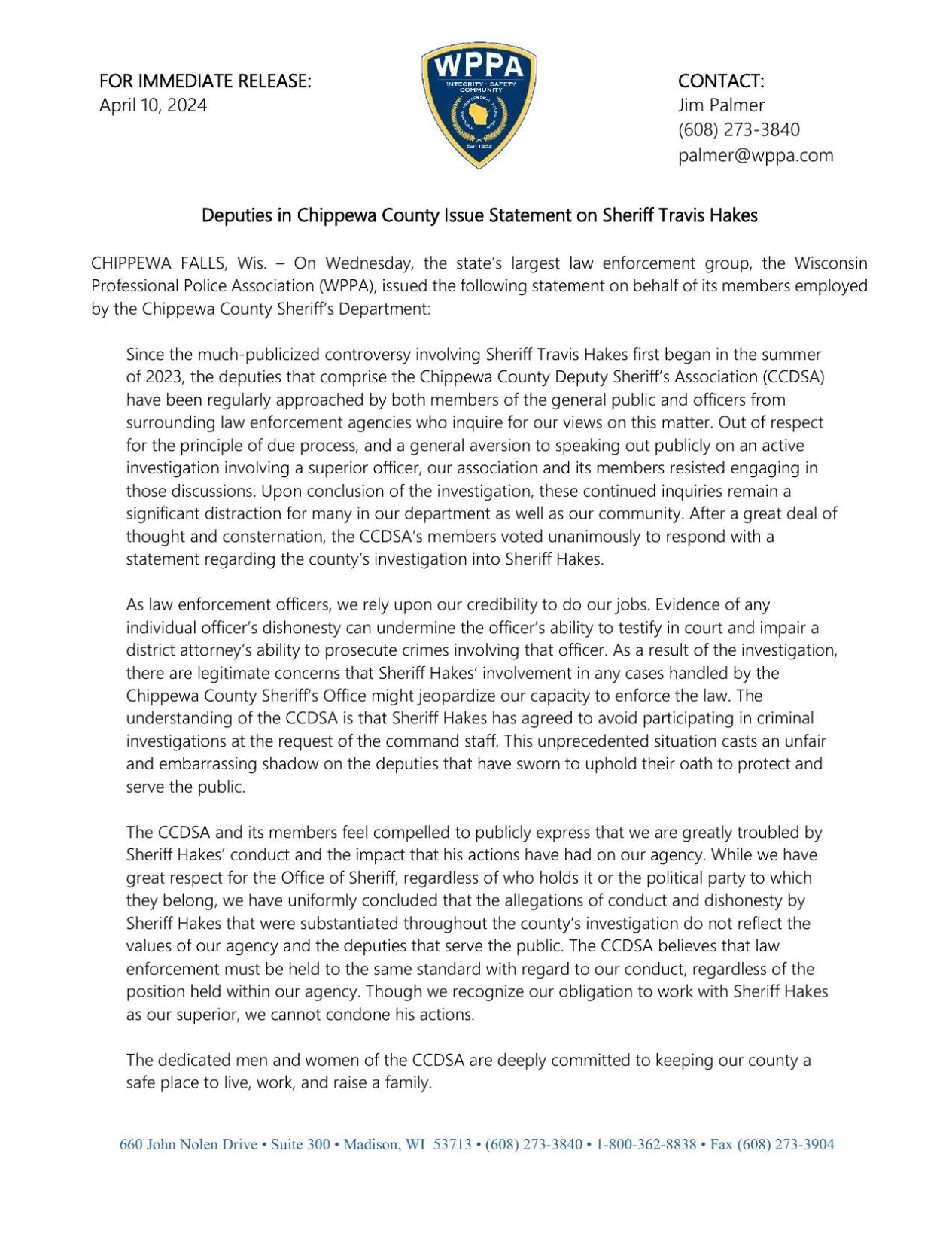 Chippewa County deputies call Sheriff Hakes' conduct "embarrassing" | Top Stories | wqow.com