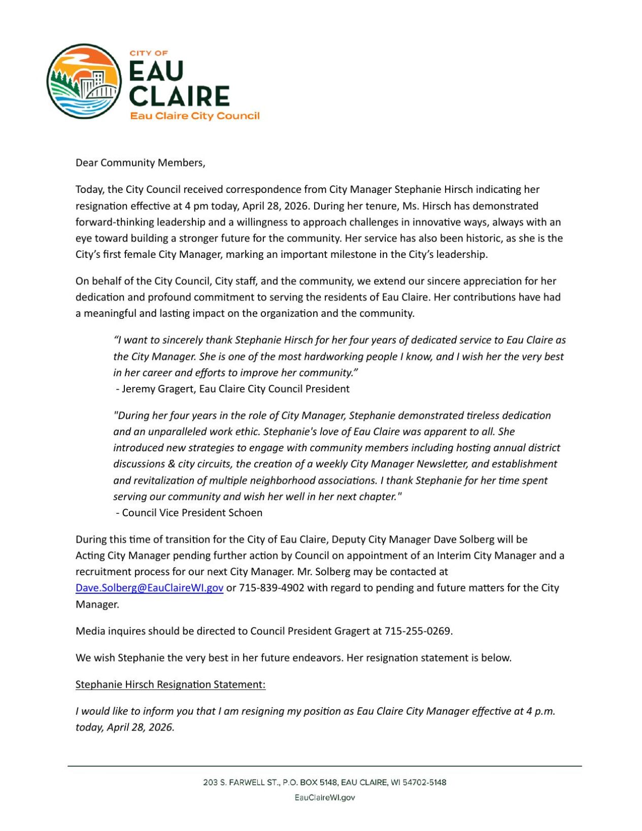 Eau Claire City Manager Stephanie Hirsch resigns | Eye On Eau Claire ...