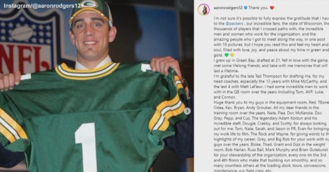Aaron Rodgers says farewell, for now, to Packers in social media post ...