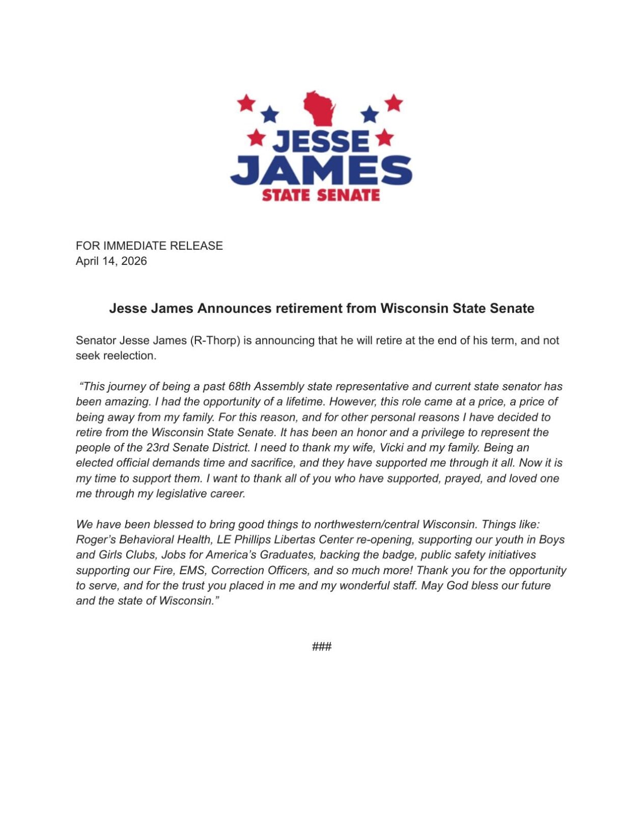 State Sen. Jesse James of northwestern Wisconsin announces retirement ...