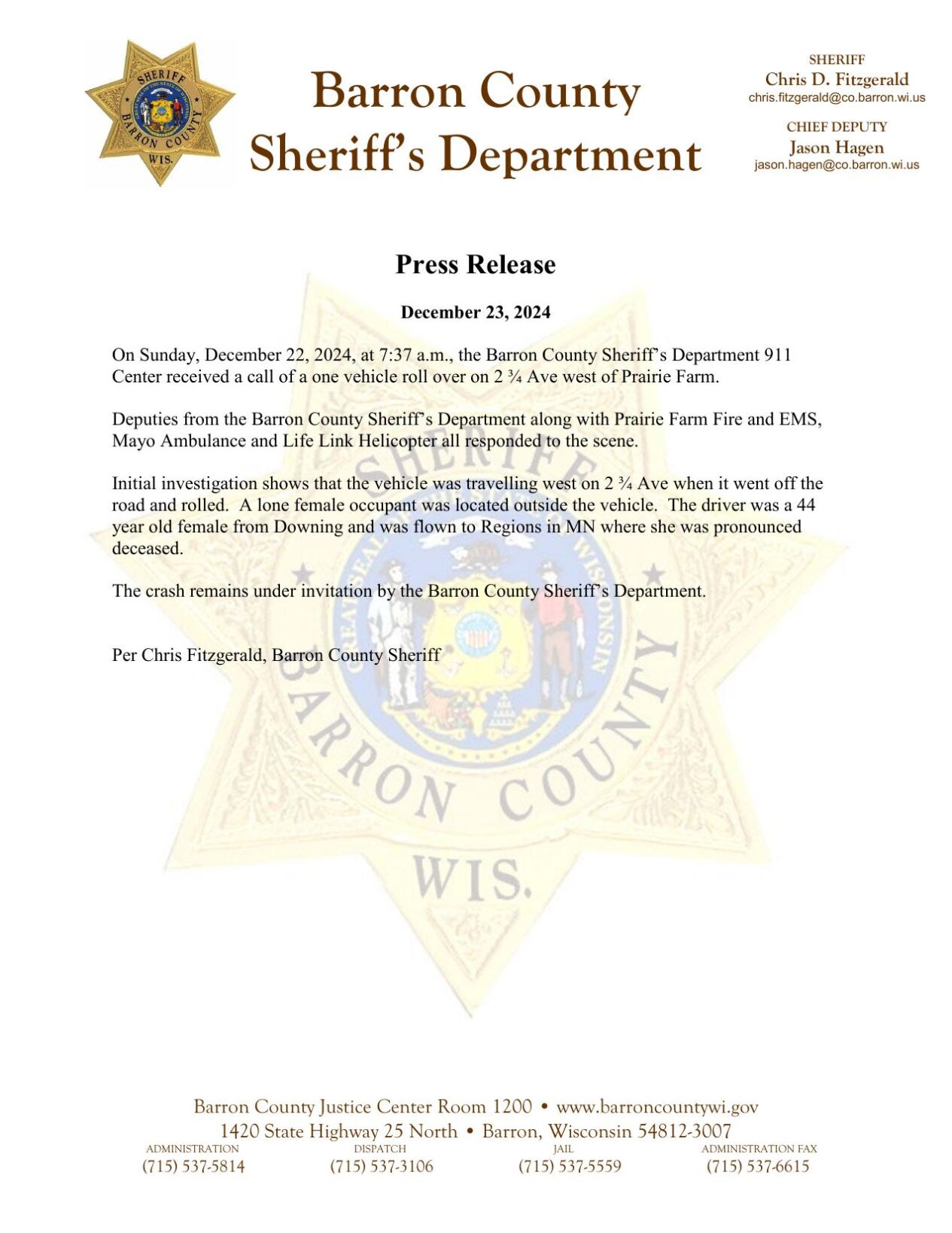 Downing woman killed in Barron County rollover crash Sunday | Wisconsin ...