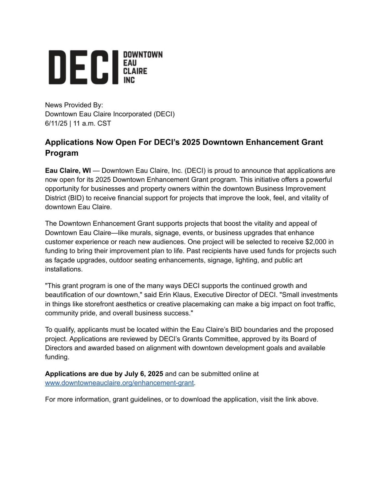 Eau Claire businesses invited to apply for DECI's 2025 grant program ...