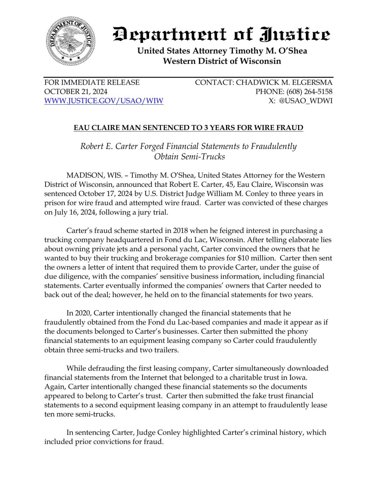 Eau Claire man sentenced to prison in federal wire fraud case | Crime ...