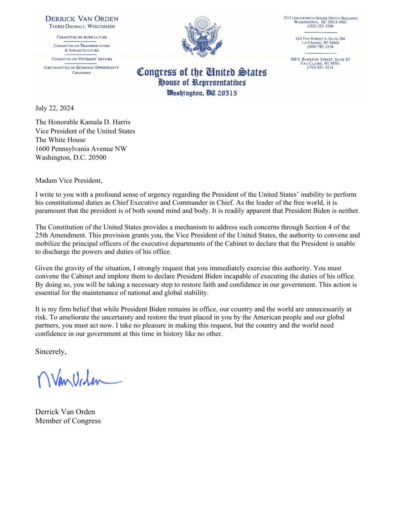 Van Orden calls on Harris to invoke 25th Amendment | Politics | wqow.com