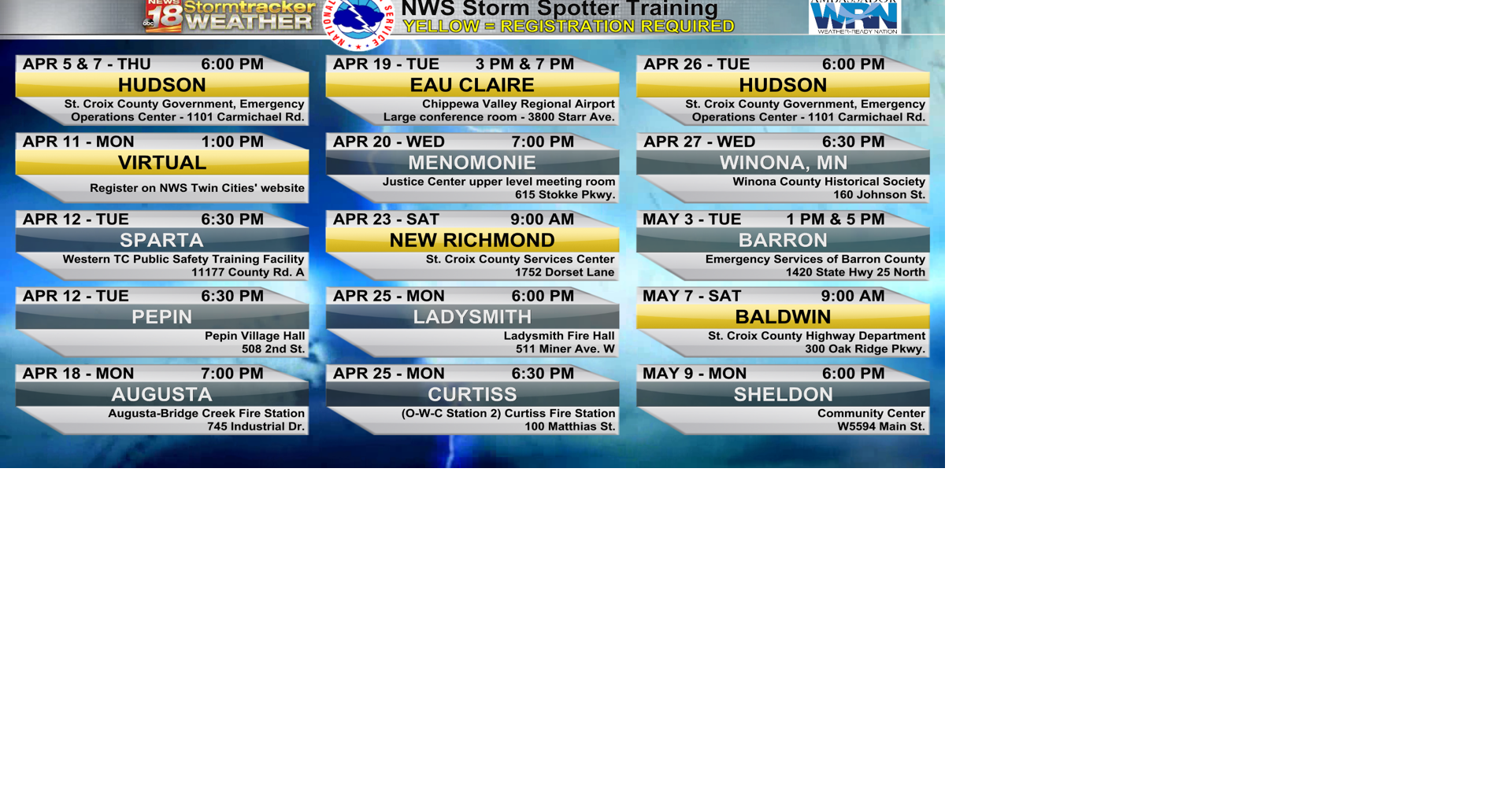 UPDATED: NWS Skywarn Spotter Training spring 2022 class schedule | Education | wqow.com