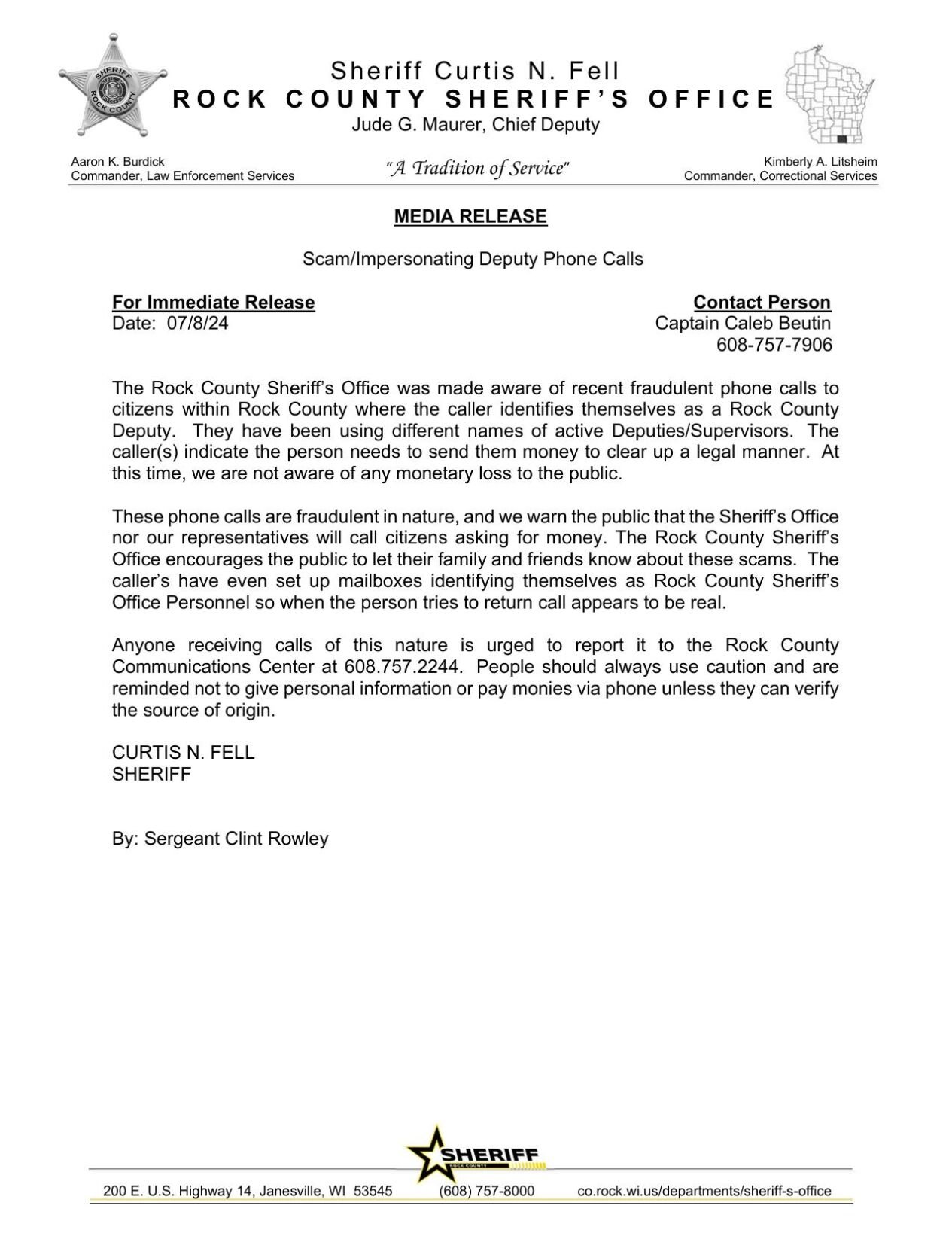 Rock County Sheriff Warns Against Fraudulent Phone Scam Impersonating ...