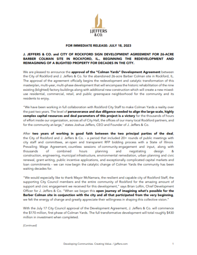 J. Jeffers & Co. to start on first phase of Barber Colman after ...