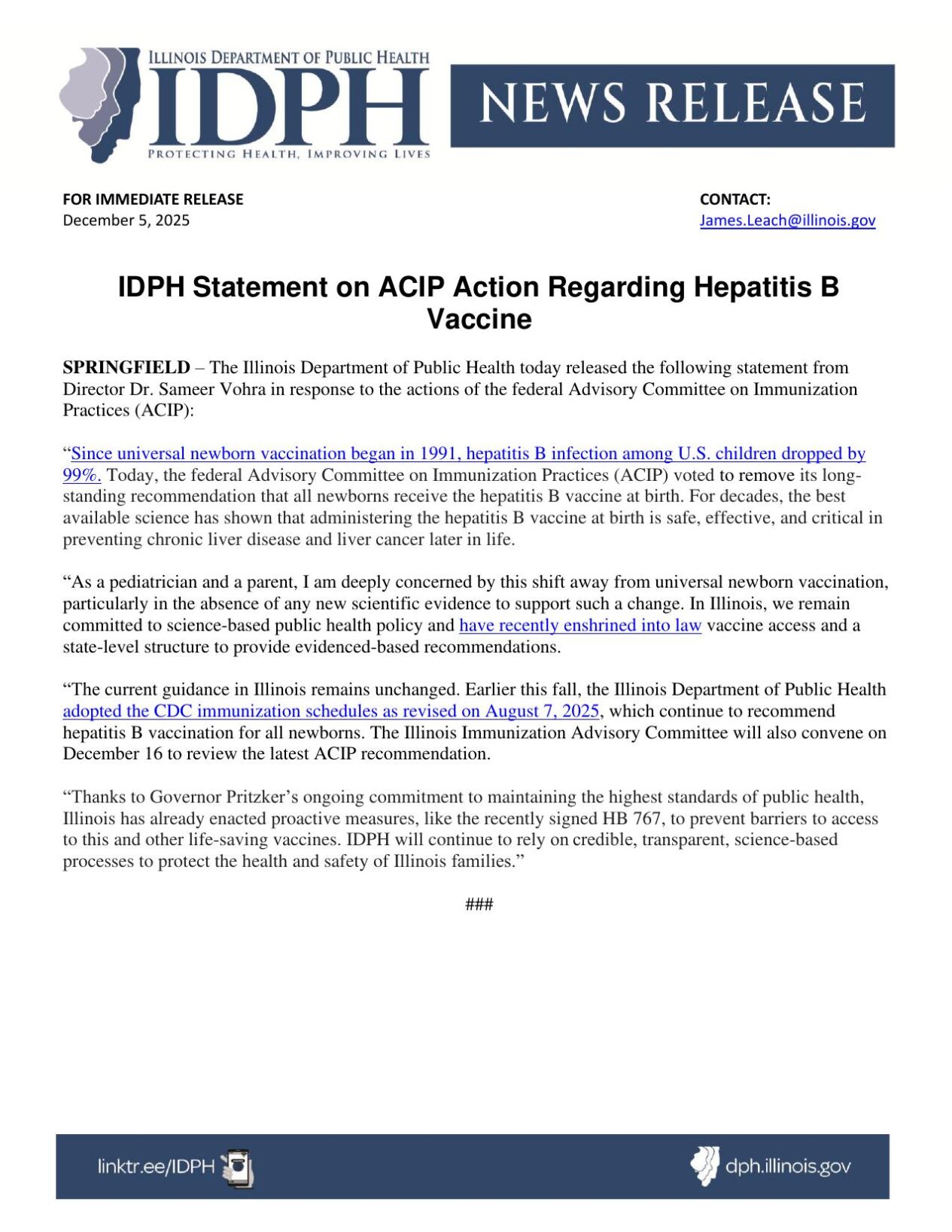 IDPH Director "deeply concerned" by federal hepatitis B vaccine ...